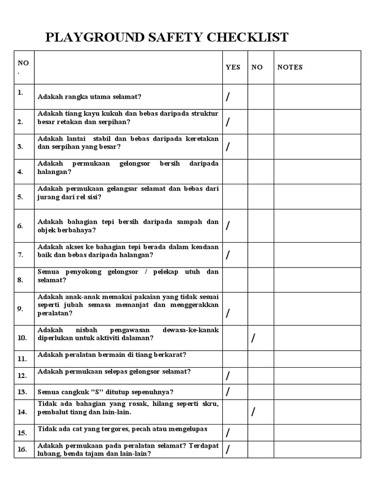 BM PLAYGROUND SAFETY CHECKLIST (Group Nana, Mizah & Anis) | PDF