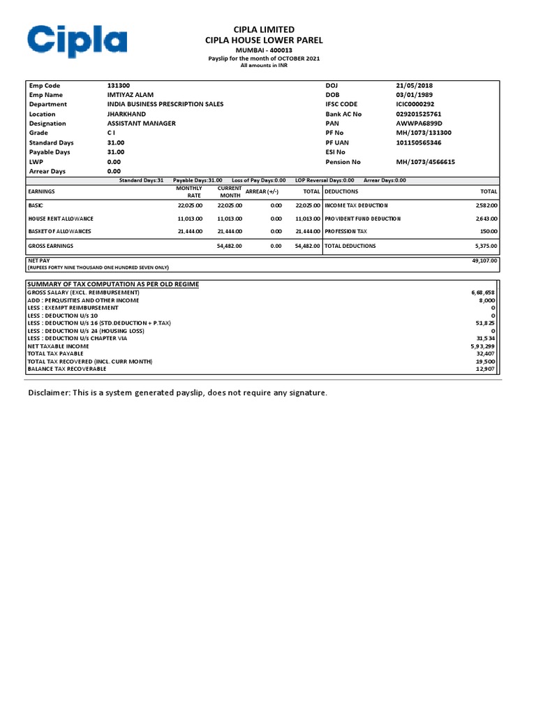 Cipla Limited Cipla House Lower Parel: Disclaimer: This Is A System ...