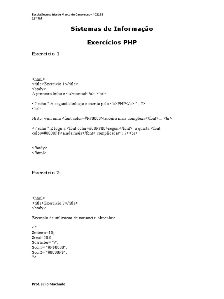 Introdução Aos Exercícios De Php Variáveis Condicionais E Estruturas