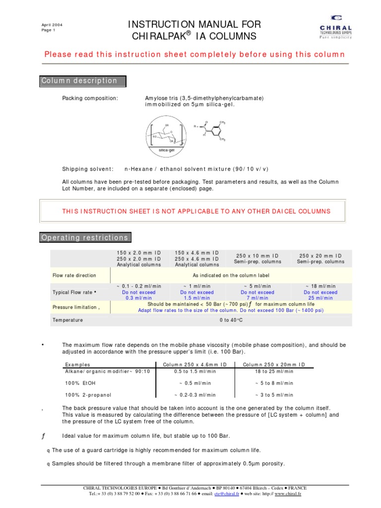 Instruction Manual For Chiralpak Ia Columns: Please Read This ...