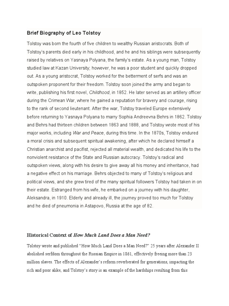 Brief Biography of Leo Tolstoy | PDF | Leo Tolstoy | Greed