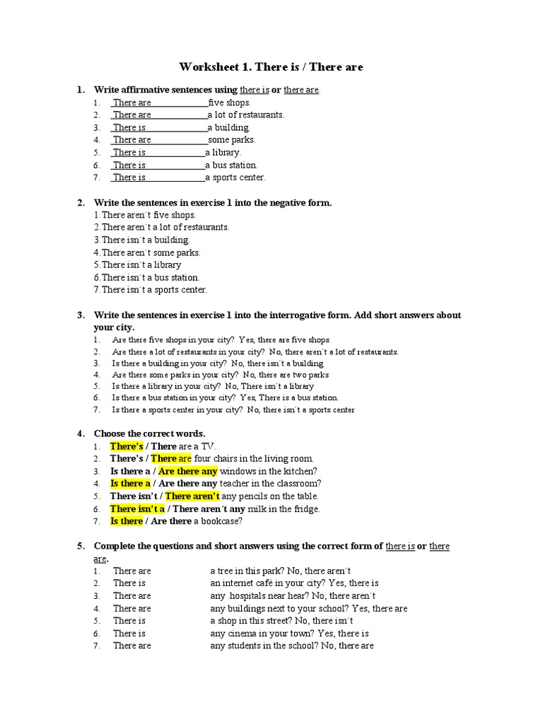 There Is/Are Worksheet Exercises | PDF | Language Arts & Discipline ...