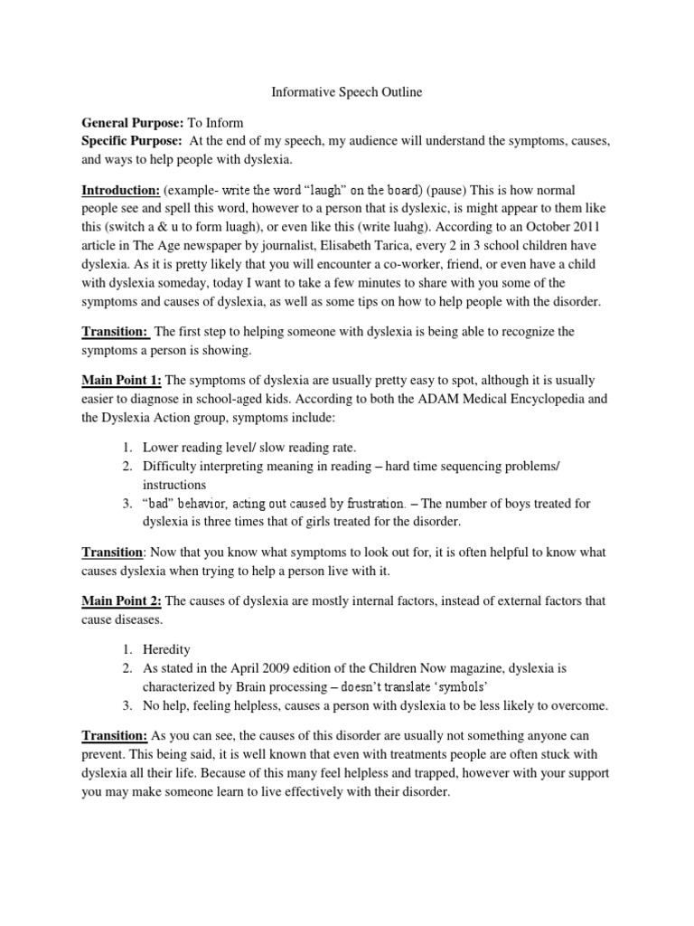 Informative Speech Outline | PDF | Dyslexia | Psychological Concepts