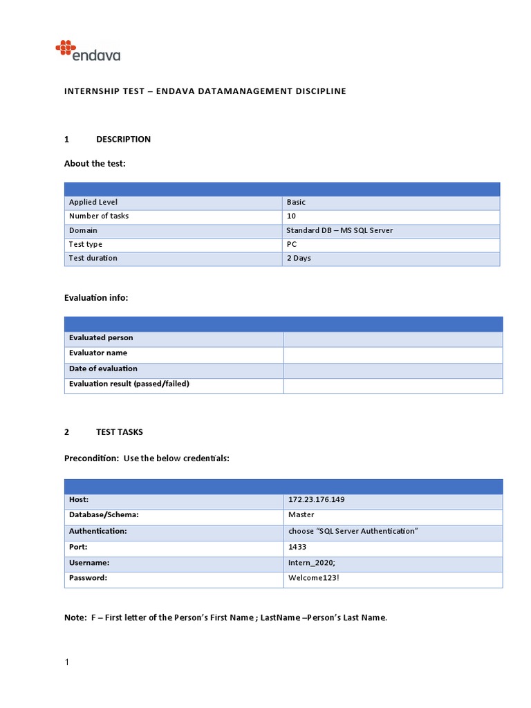 Internship Test Endava Datamanagement Discipline Pdf Microsoft Sql Server Sql 