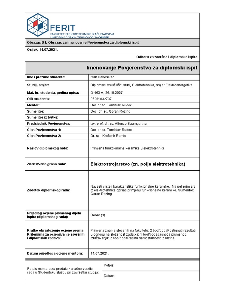 D1 - Obrazac Za Imenovanje Povjerenstva Za Diplomski Ispit | PDF