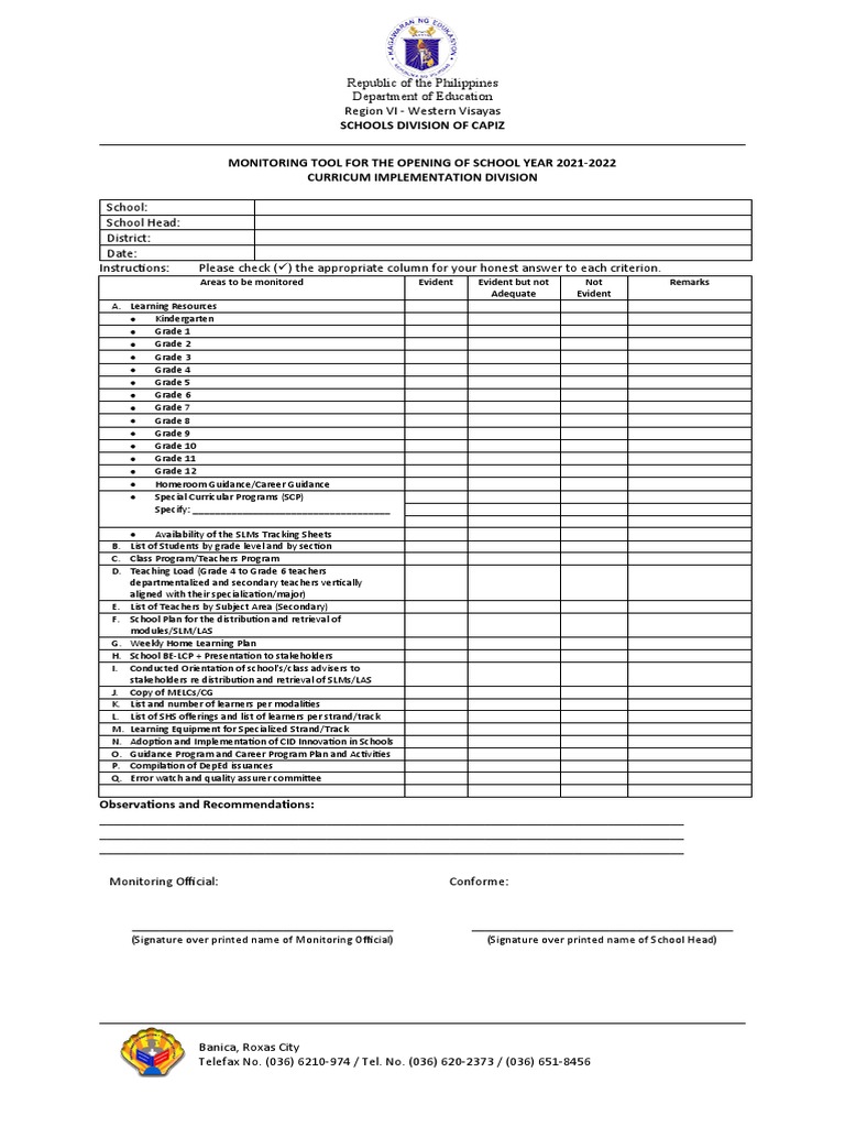 2021 CID Monitoring Tool Opening of Classes 2021 2022 1c0 | PDF | Communication | Cognition