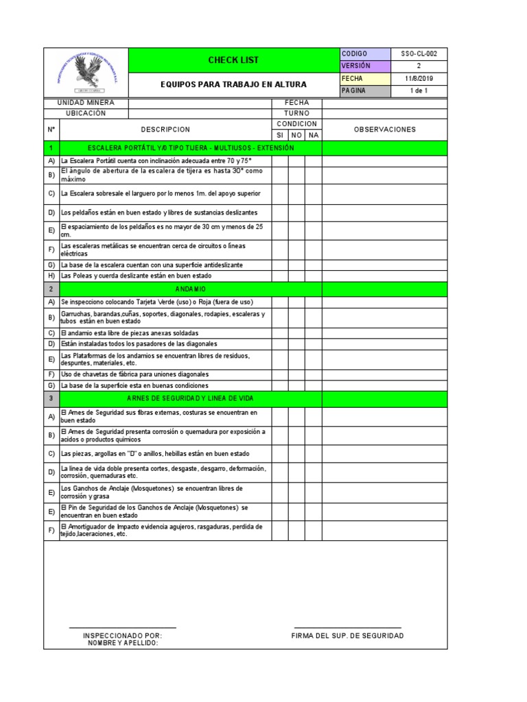 Sso-Cl-002 Check List Trabajo en Altura | PDF Sso-Cl-002 Check List Trabajo en Altura | PDF