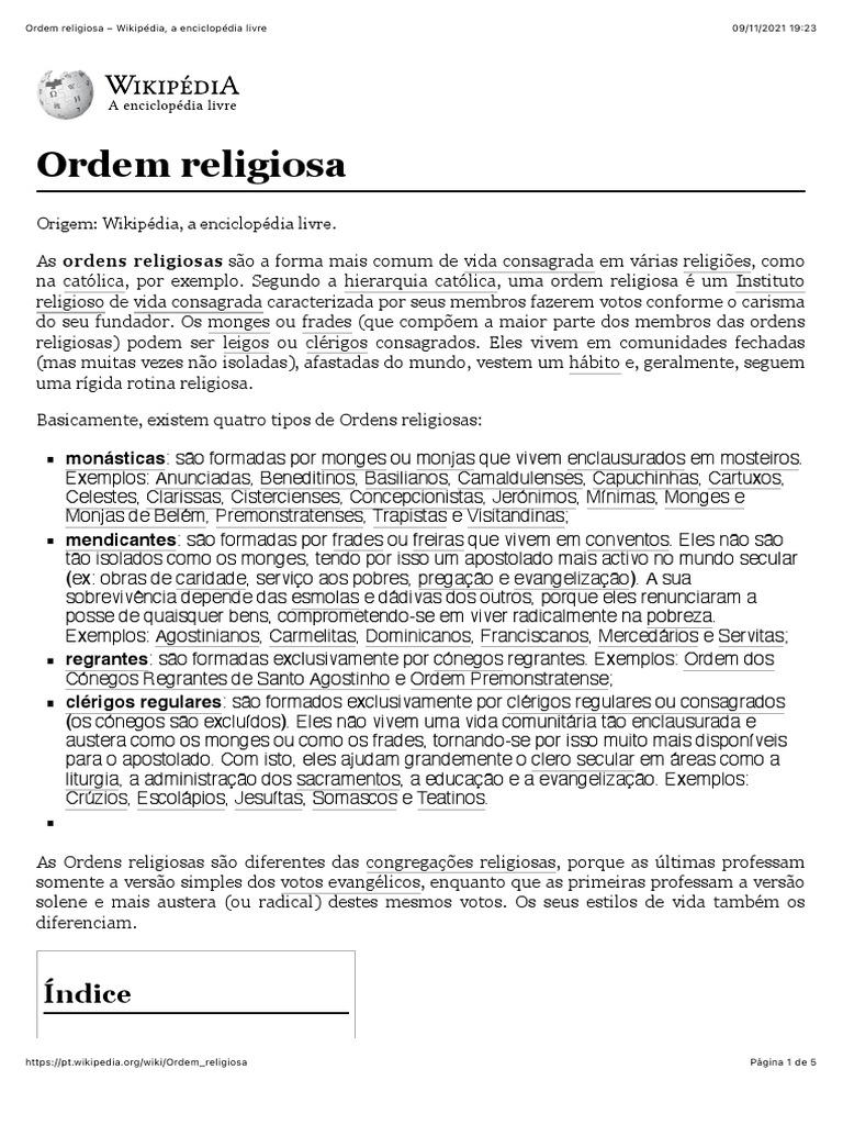 Ordem Religiosa - Wikipédia, A Enciclopédia Livre | PDF | Monasticismo ...