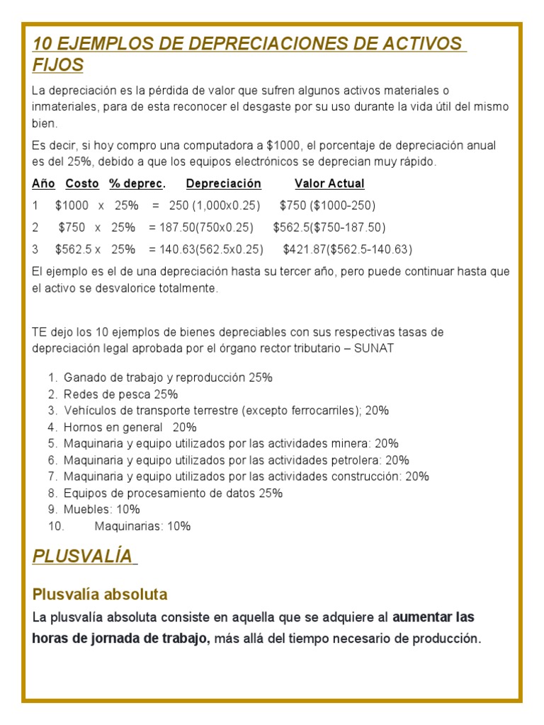 10 Ejemplos de Depreciaciones de Activos Fijos | PDF | Depreciación ...