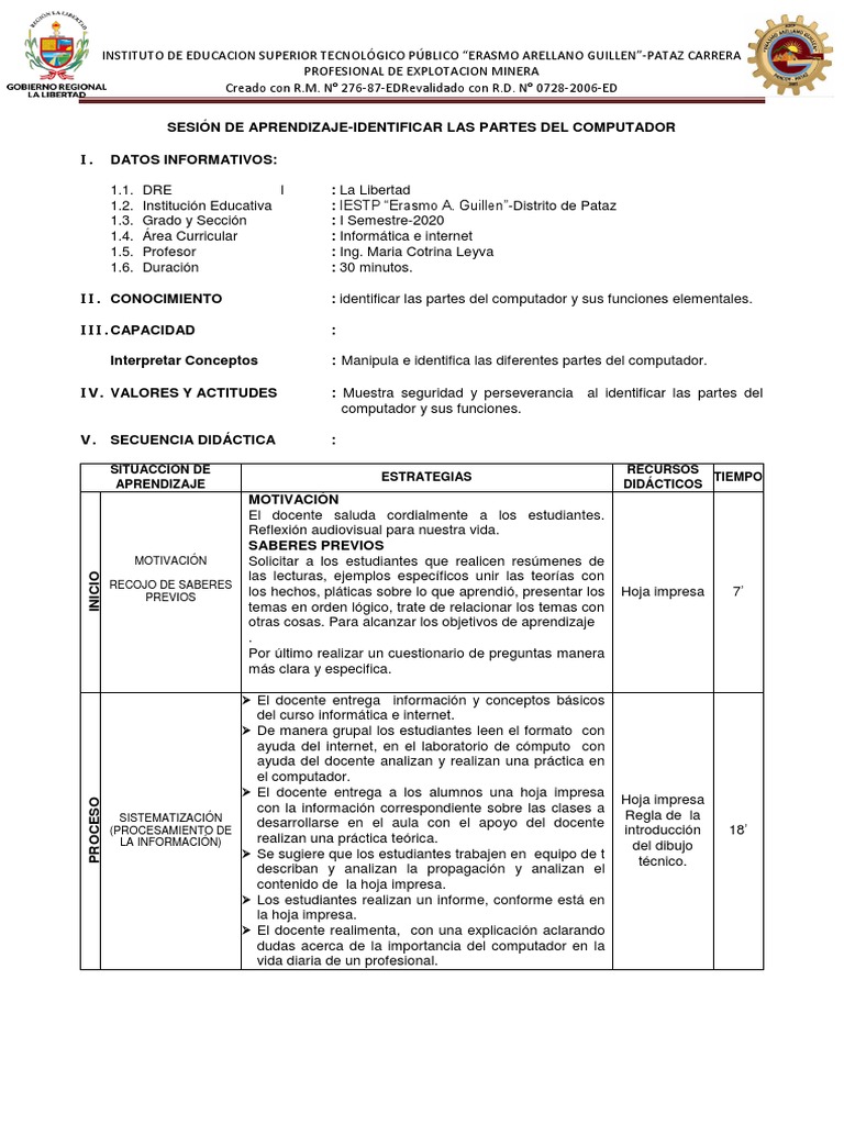 Sesión de Aprendizaje - Informatica e Internet | PDF | Hardware de la ...