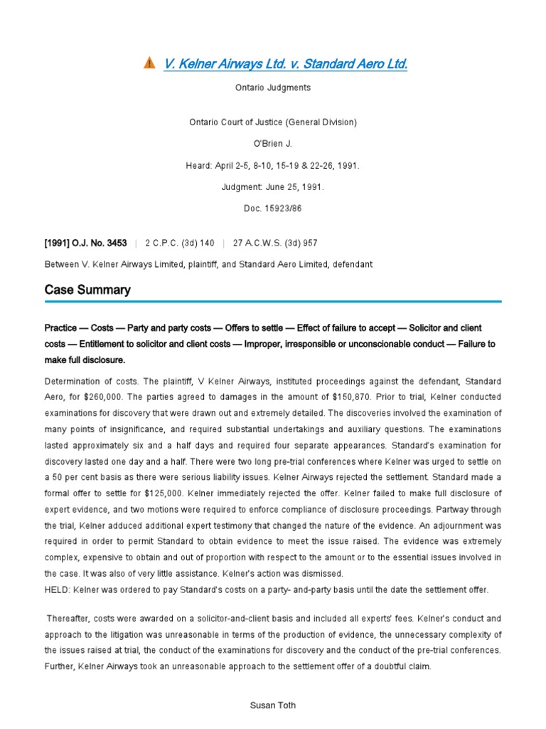 V. Kelner Airways Ltd. v. Standard Aero LTD.: Case Summary | PDF ...