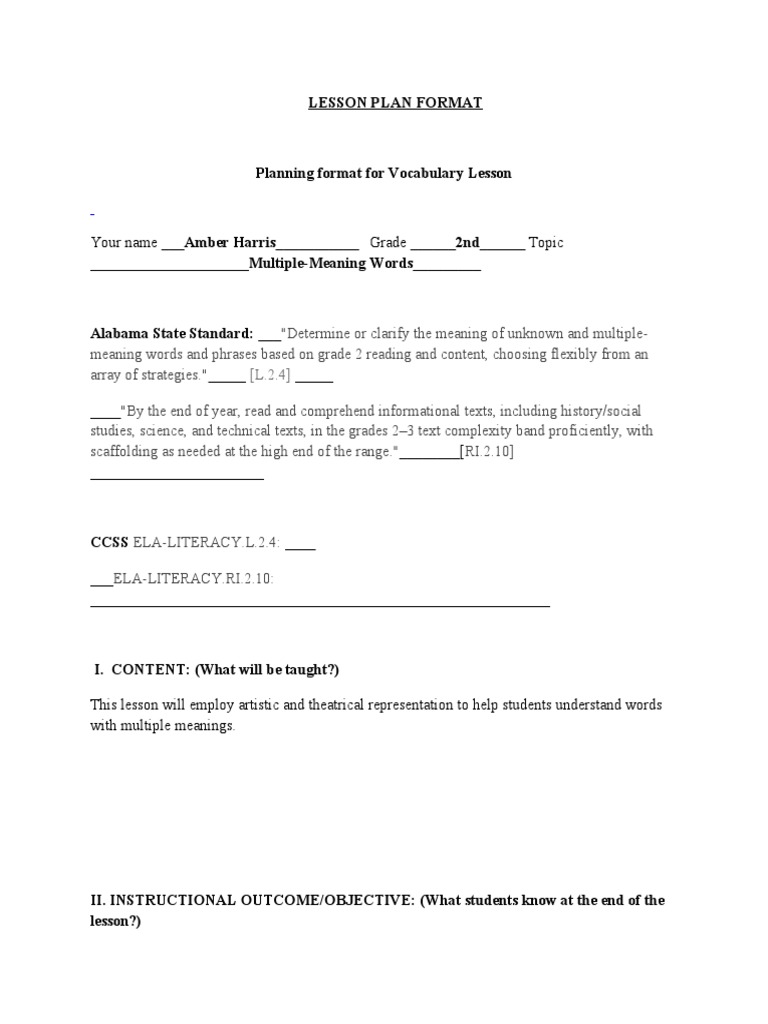 Multiple Meaning Words Lesson Plan | PDF | Vocabulary | Cognition