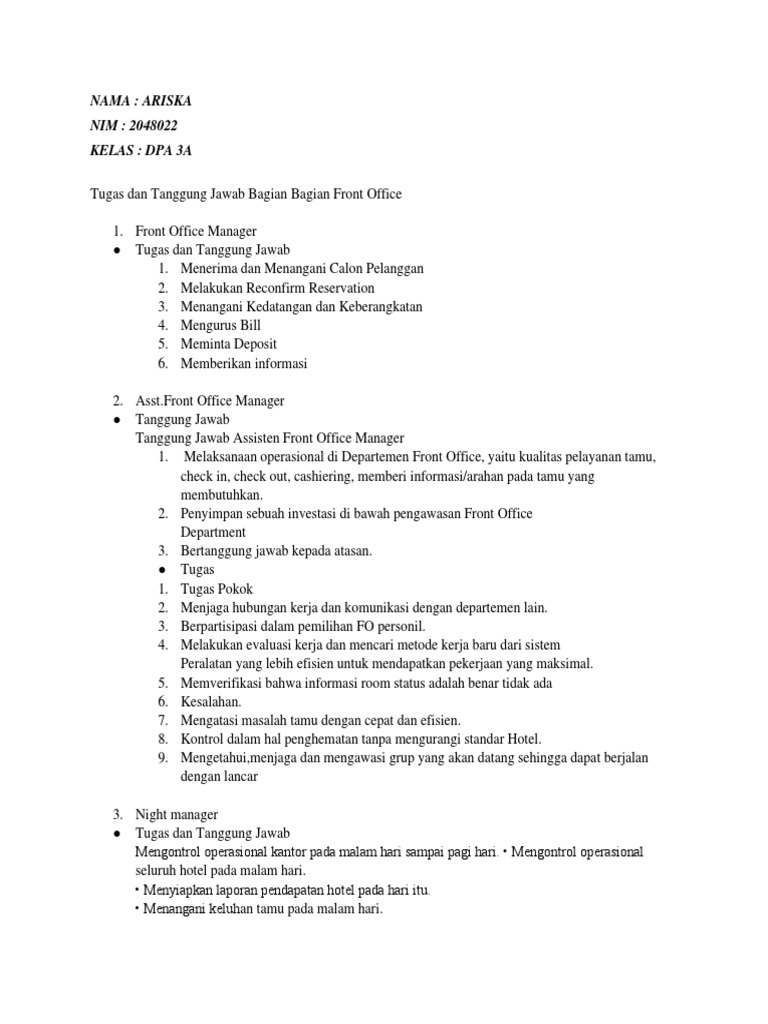 Tugas Ariska Tugas Dan Tanggung Jawab Dari Bagian Front Office | PDF Tugas Ariska Tugas Dan Tanggung Jawab Dari Bagian Front Office | PDF