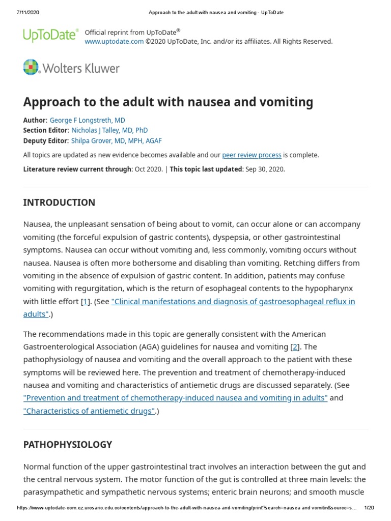 Approach To The Adult With Nausea and Vomiting - UpToDate | PDF ...
