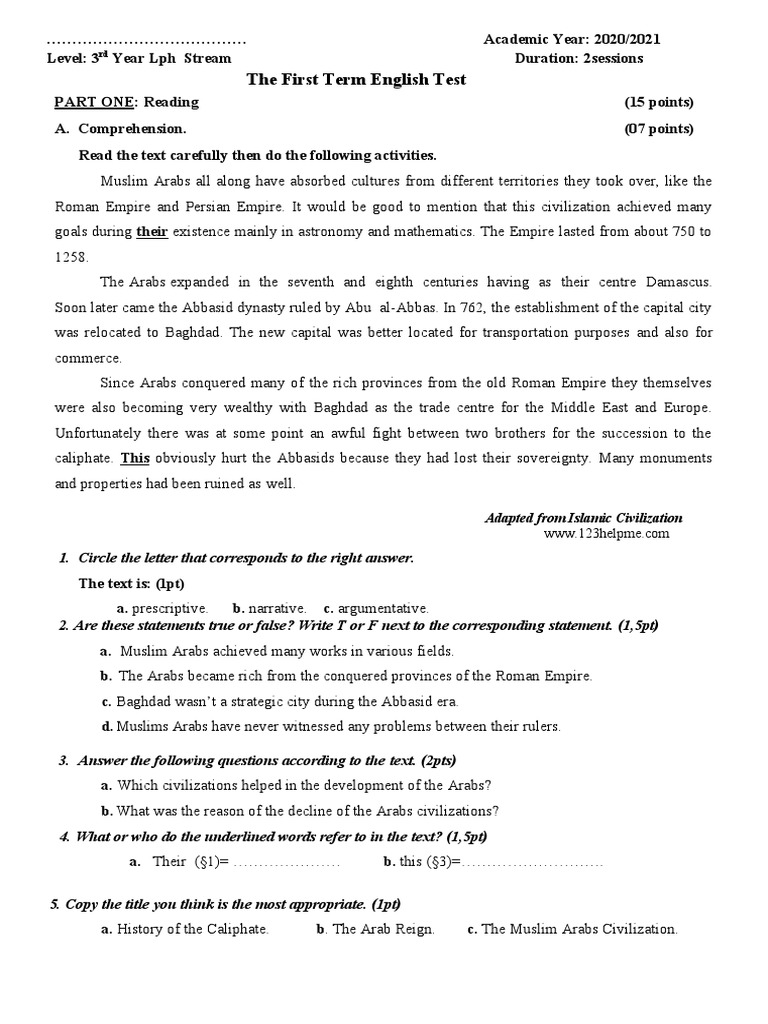 Islamic Civilization Overview Test | PDF | Arabs | Baghdad