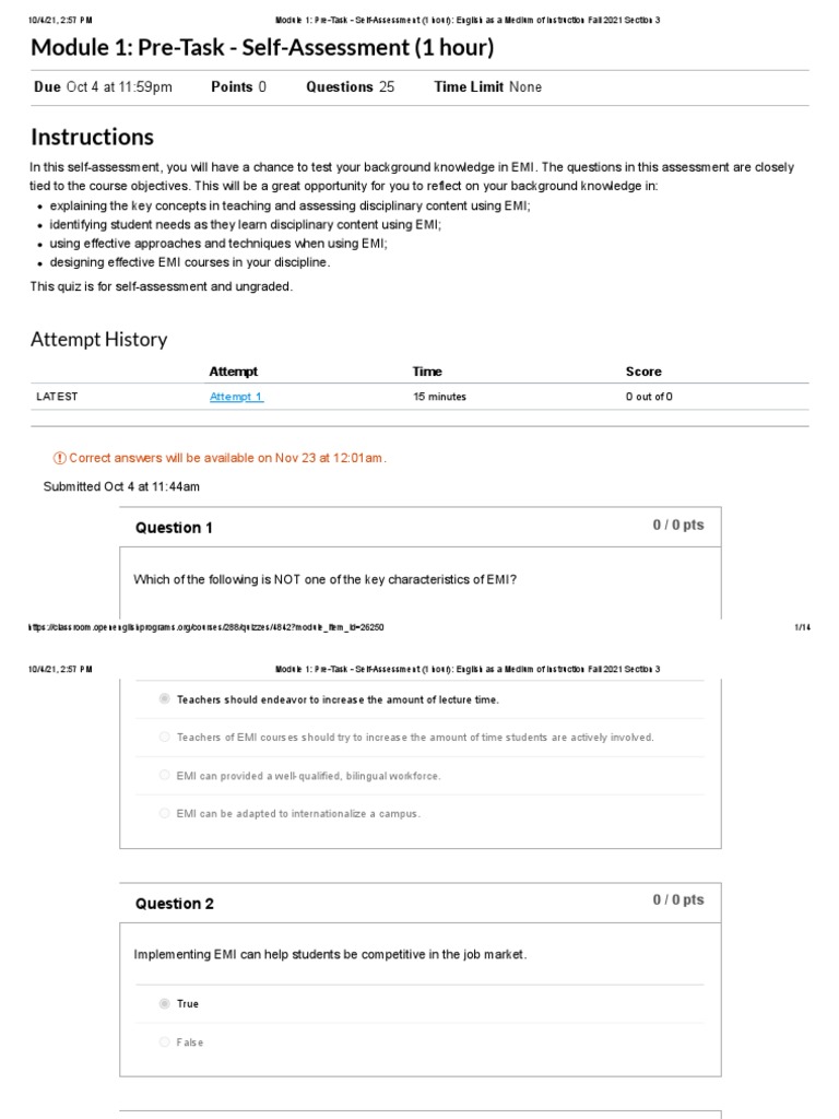 Module 1 - Pre-Task - Self-Assessment (1 Hour) - English As A Medium of ...