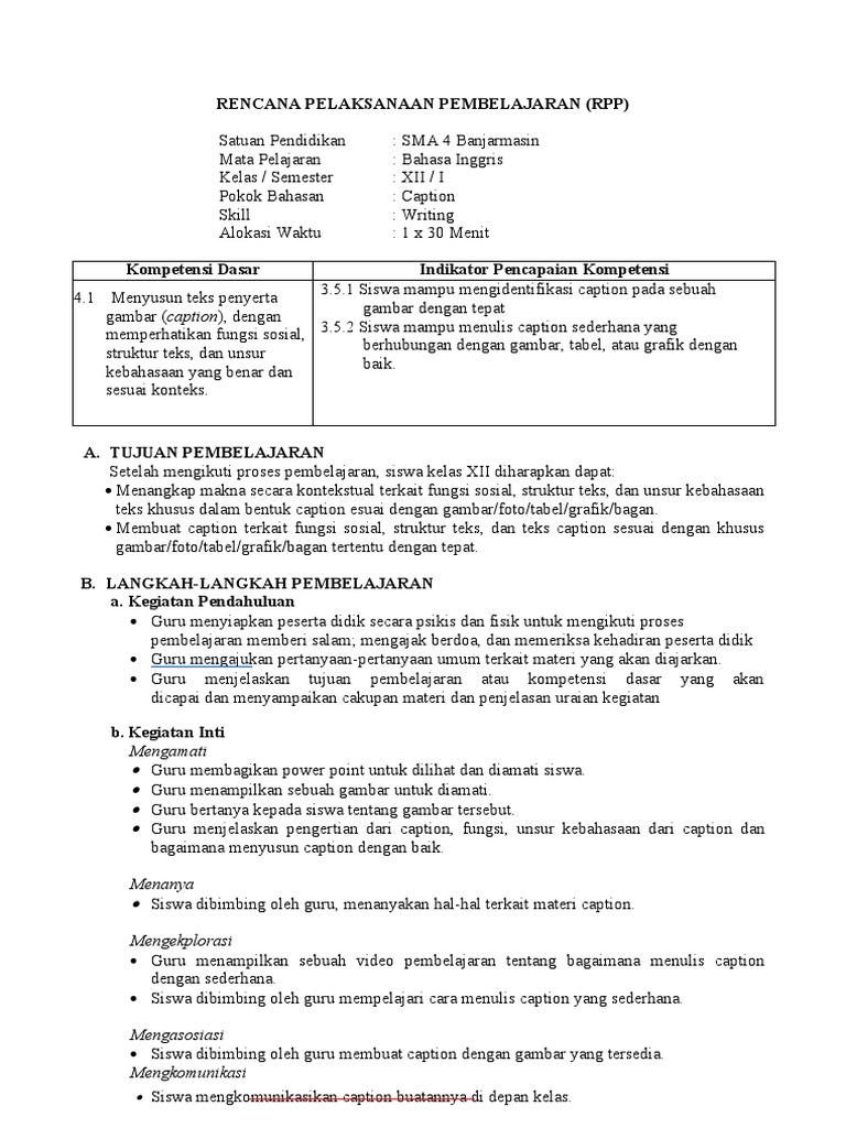 RPP Caption Kelas 12 Skill Writing | PDF