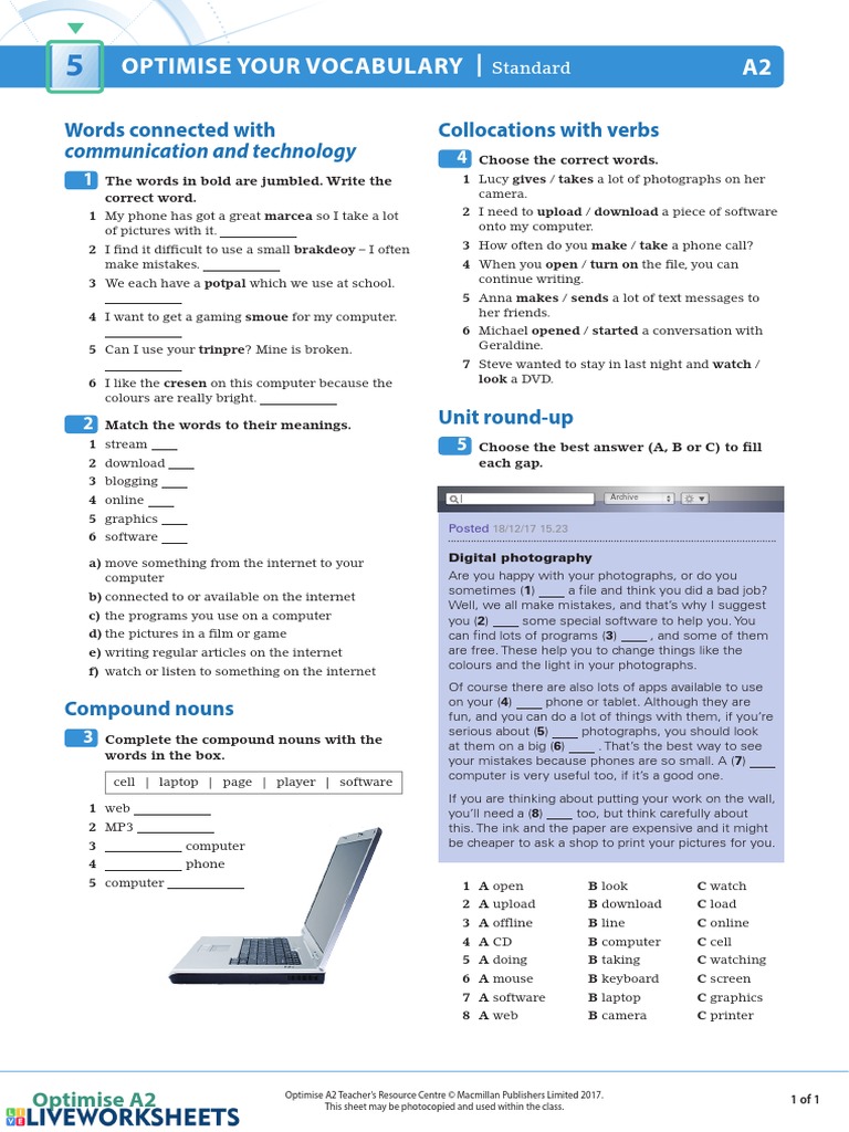 Optimise Your Vocabulary - A2: Communication and Technology | PDF ...
