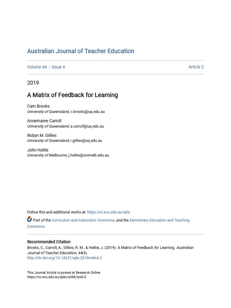 Brooks - A Matrix of Feedback For Learning | PDF | Educational ...