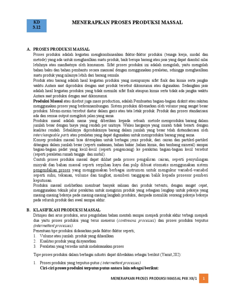 Word - KD3.12. Menerapkan Proses Produsi Massal | PDF | Komputer | Teknologi & Rekayasa