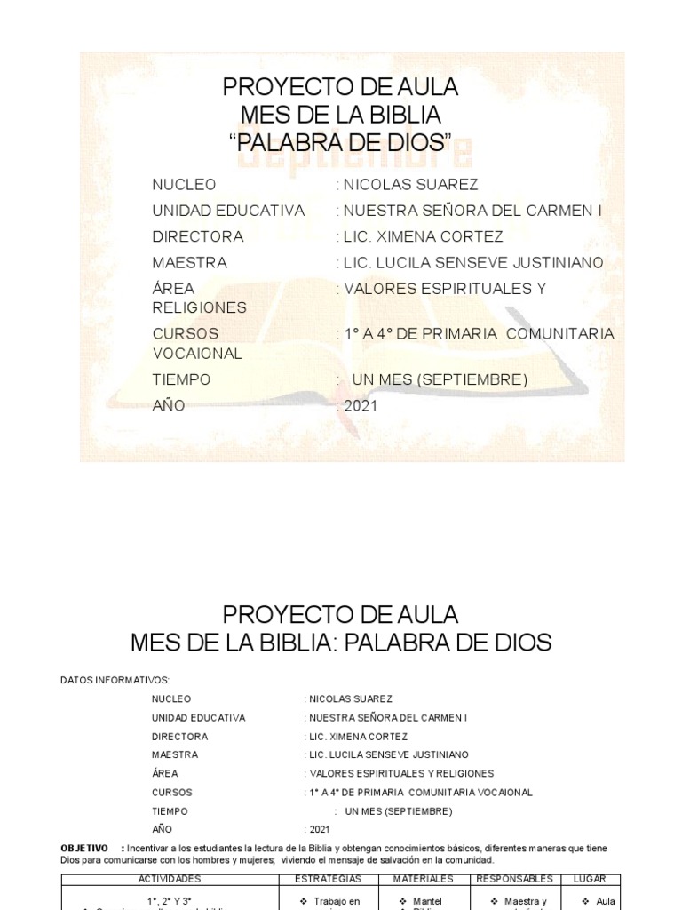 Proyecto de Aula Mes de La Biblia Luisa 2021 | PDF | Biblia | Nuevo ...
