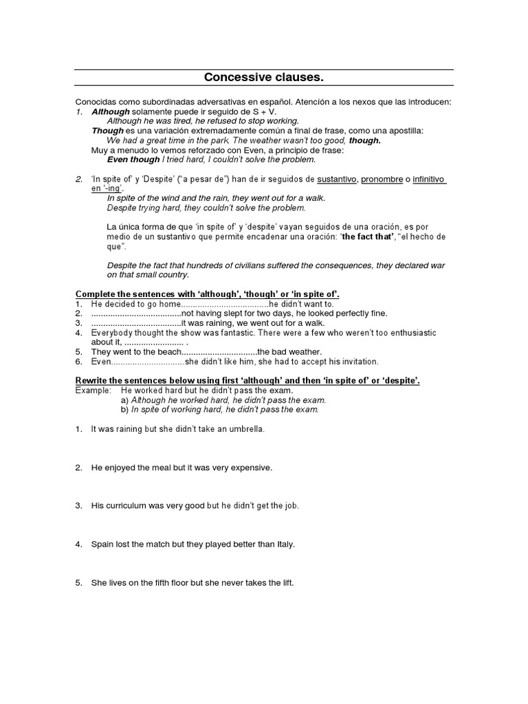 Concessive Clauses Con Respuestas. | PDF