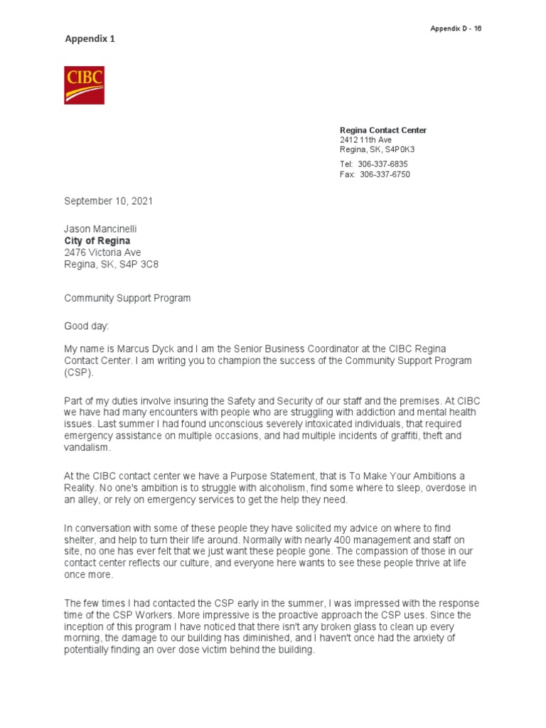 CIBC Letter On Downtown Community Support Team Regina | PDF ...