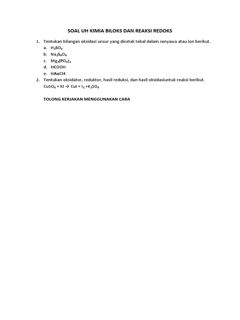Soal Uh Kimia Biloks Dan Reaksi Redoks | PDF