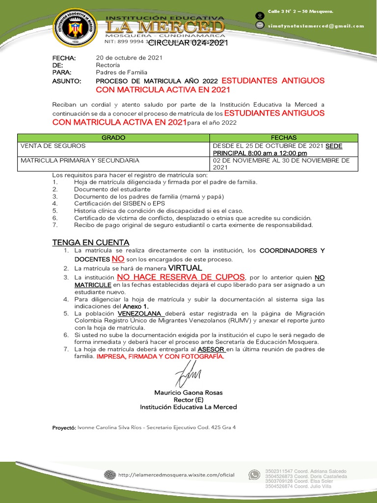 Circular 024-2021 - Matrículas Antiguos | PDF