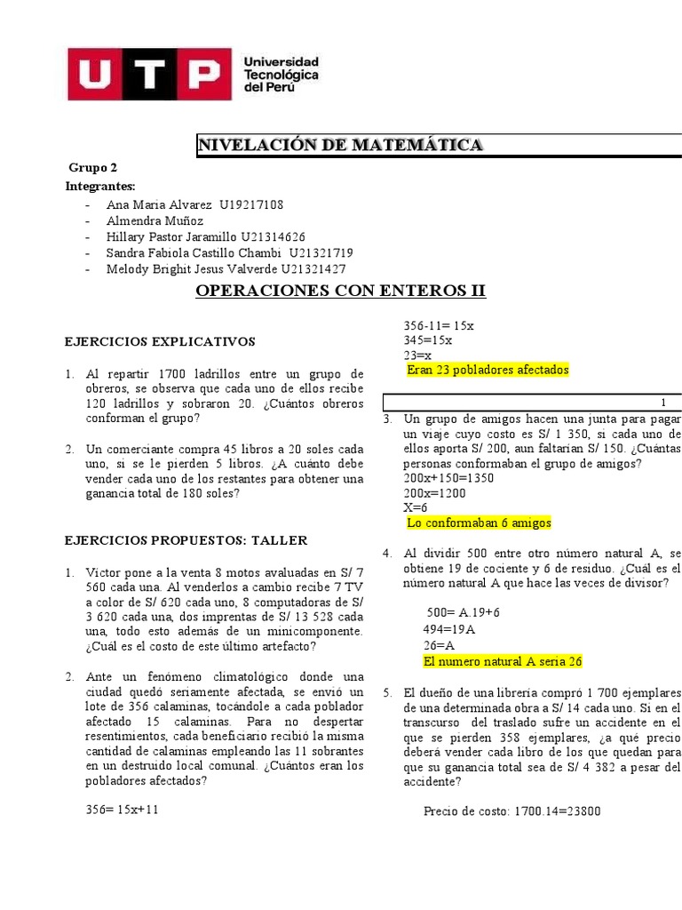 S01.s2 Ejercicios Taller1 PDF | PDF | División (Matemáticas) | Matemática Elemental