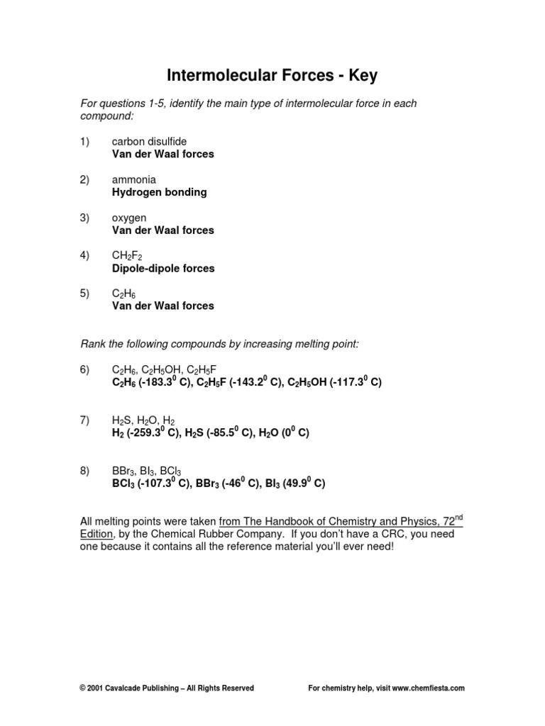 Intermolecular Forces - Key: For Questions 1-5, Identify The Main Type ...