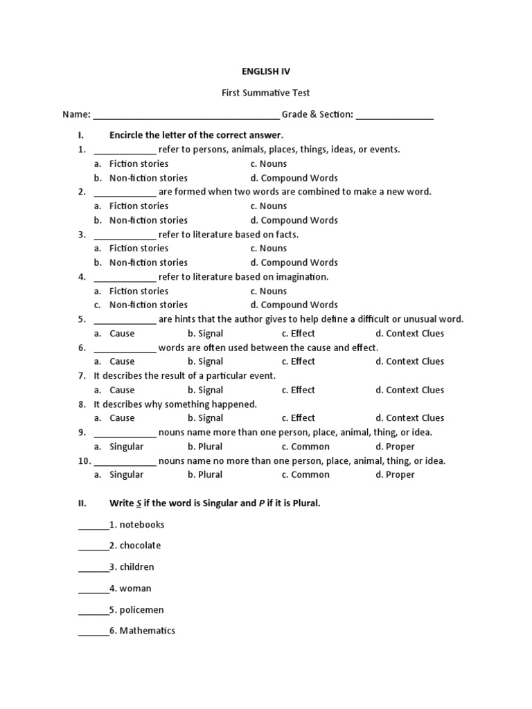Summative Test | PDF | Noun | Grammatical Number