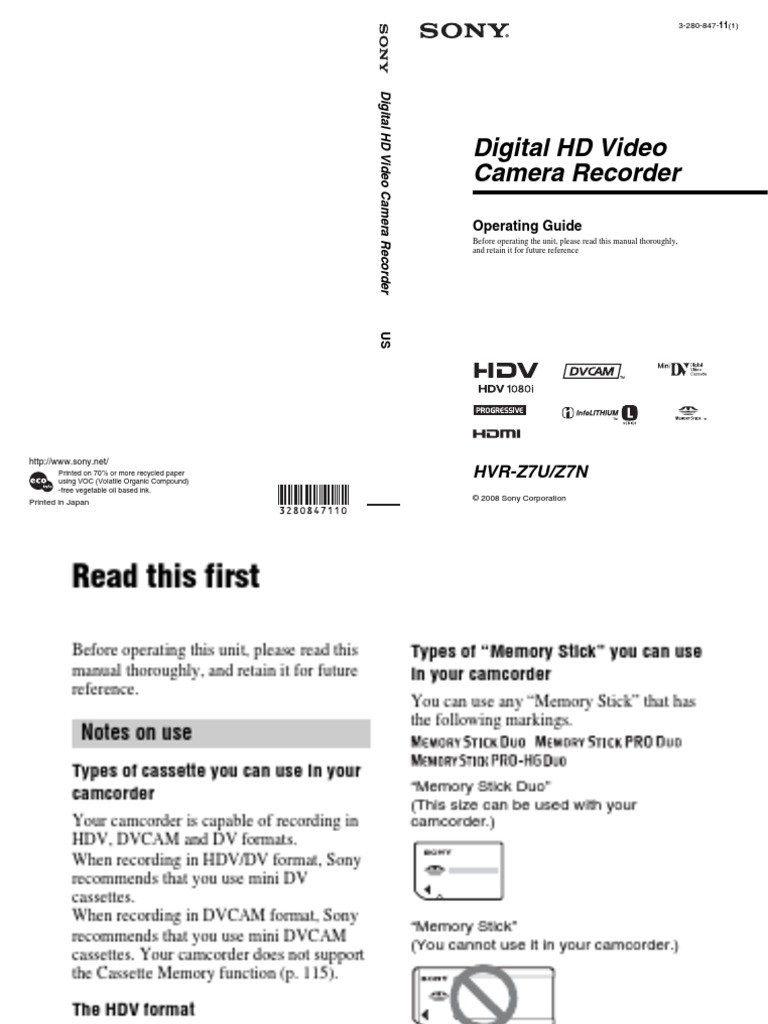 Sony HVR-Z7U and HVR-Z7N Operating Guide | PDF | Camera Lens | Zoom Lens