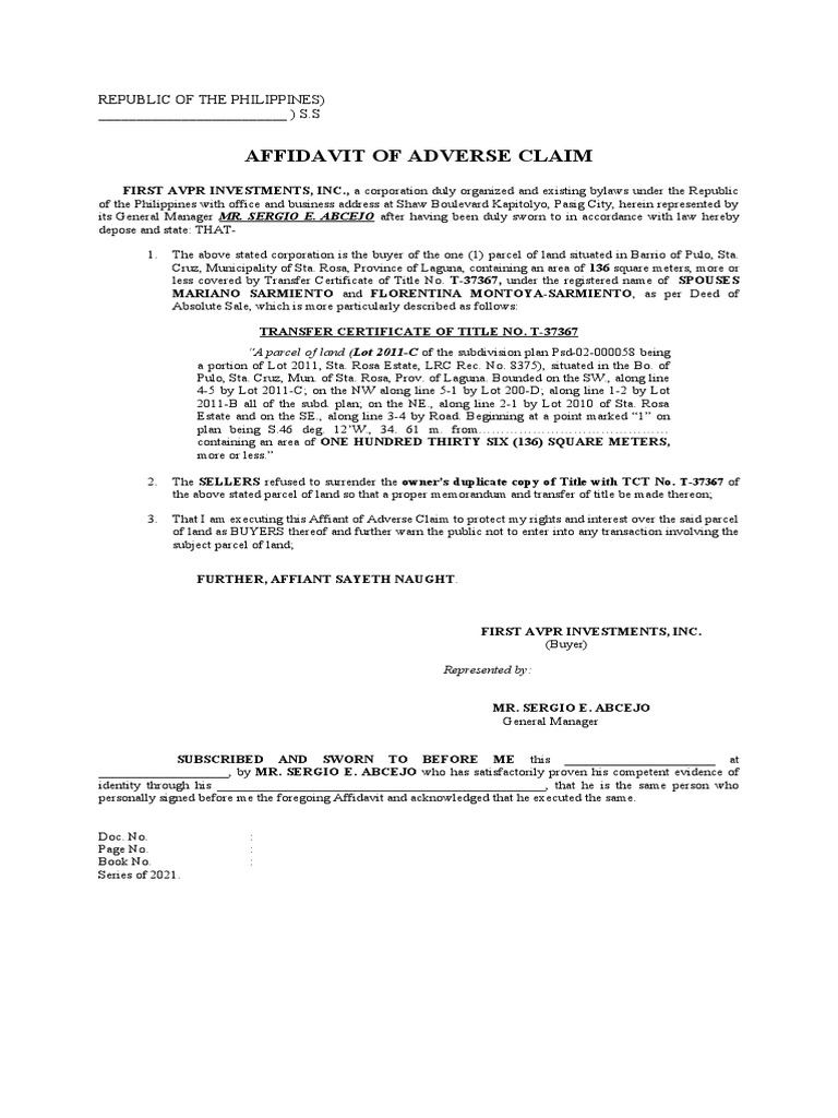 Affidavit of Adverse Claim | PDF | Justice | Real Estate