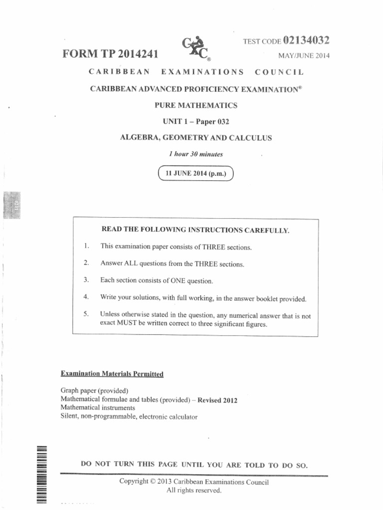 Cape 2014 - Unit 1 Pure MTH - Paper 032 | PDF | Triangle | Mathematics