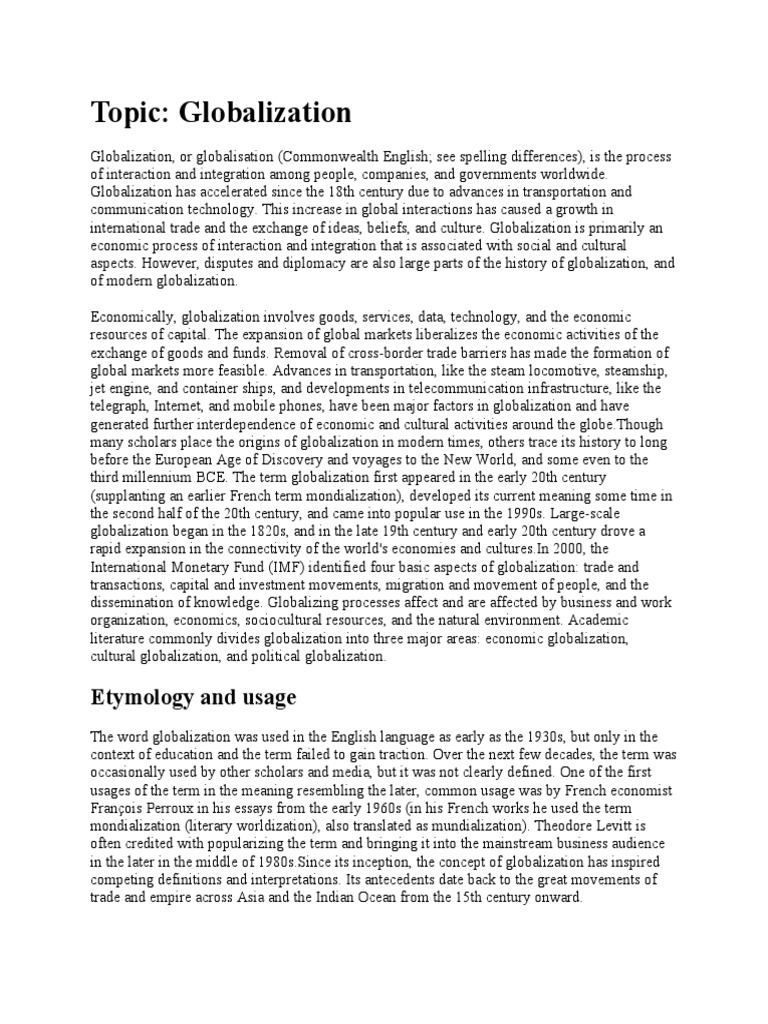 Topic: Globalization: Etymology and Usage | PDF | Globalization ...