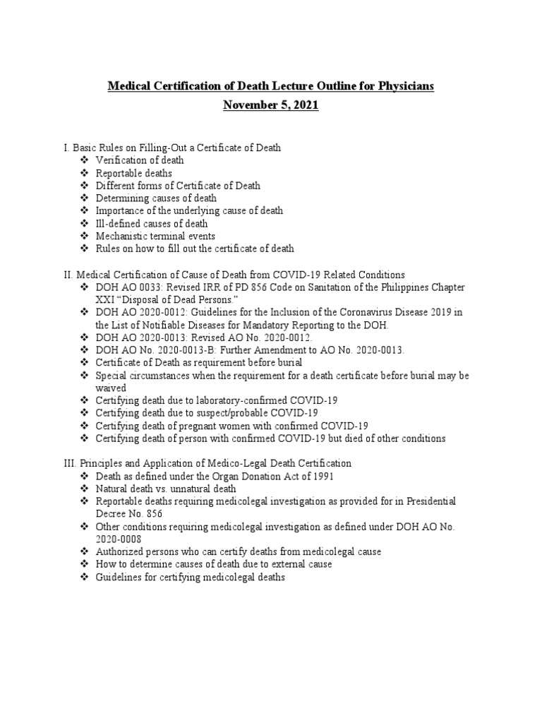 Medical Certification of Death Lecture Outline For Physicians | PDF