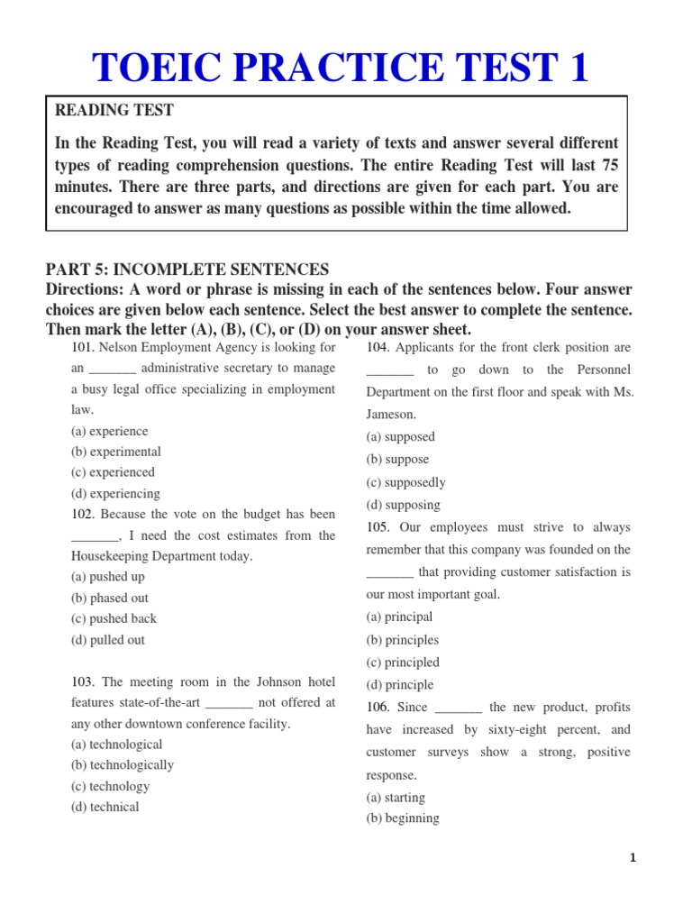 Toeic Practice Test 1 | PDF | Employment | Internet