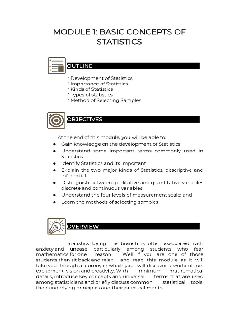 Module 1: Basic Concepts of Statistics: Outline | PDF | Statistics | Level Of Measurement