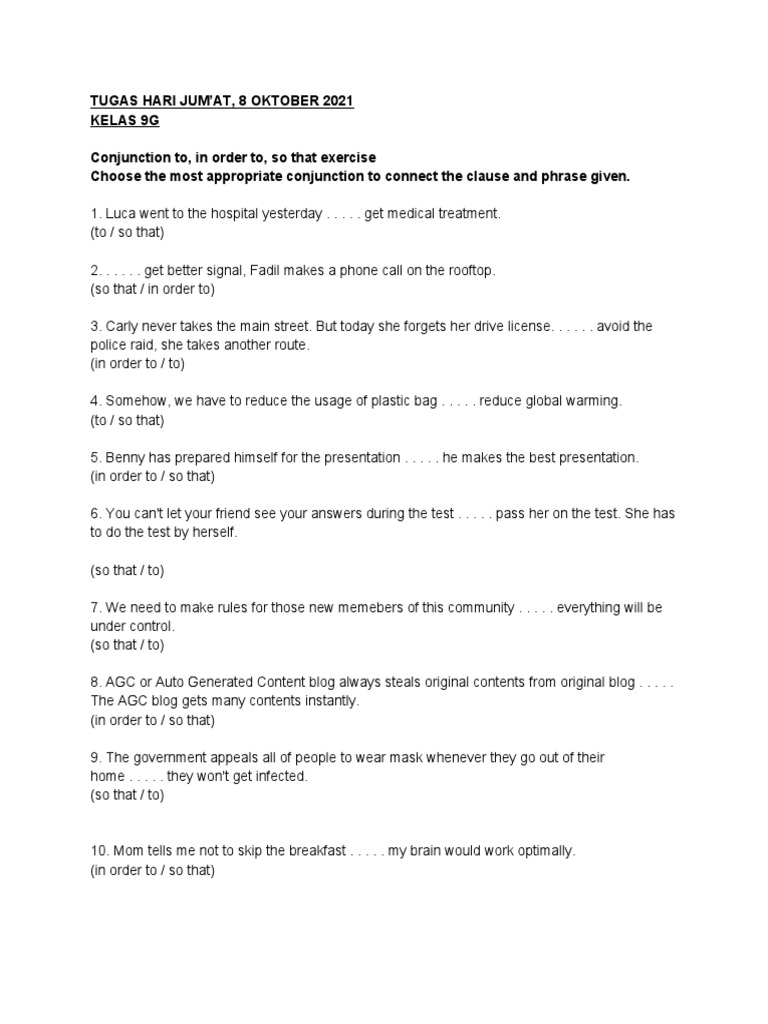 So That vs In Order To Exercises | PDF | Computers