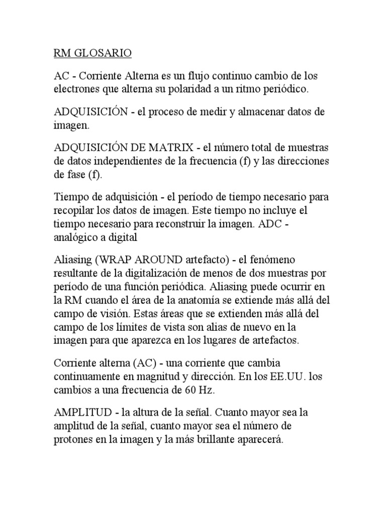 RM Glosario - Irm | PDF | Resonancia magnética nuclear | Corriente eléctrica