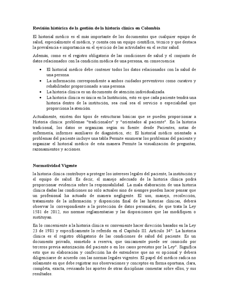 Revisión Histórica de La Gestión de La Historia Clínica en Colombia ...