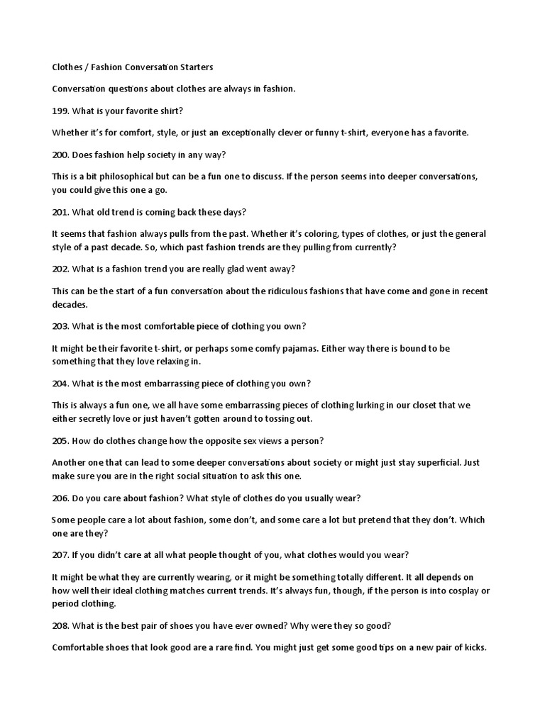 Clothes Conversation Starters | PDF | Fashion | Clothing