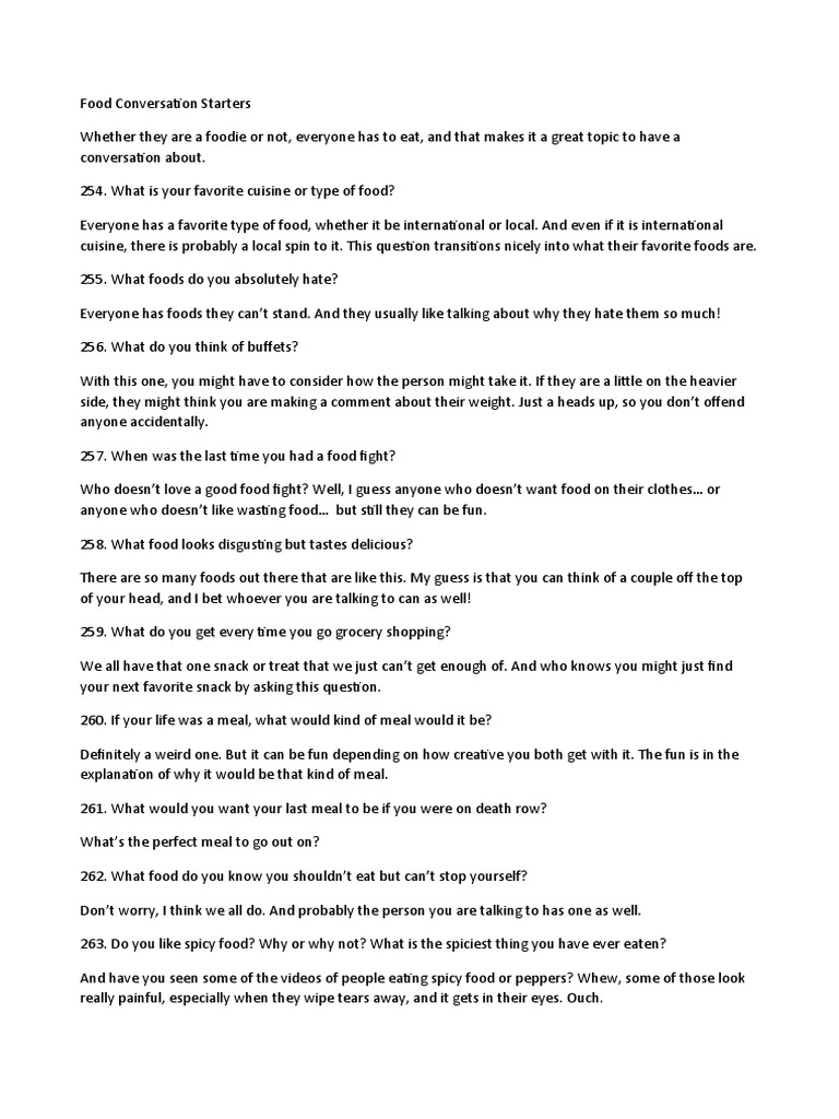 Food Conversation Starters | PDF | Foods | Food And Drink