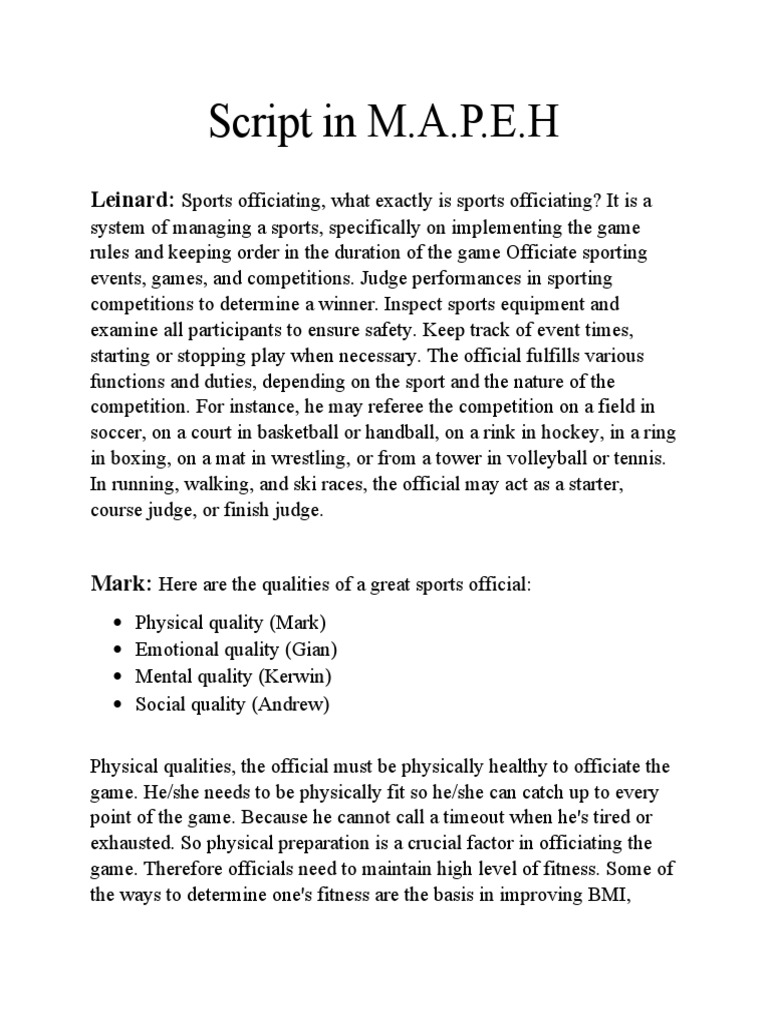 Script in M.A.P.E.H: Leinard | PDF | Sports | Physical Fitness