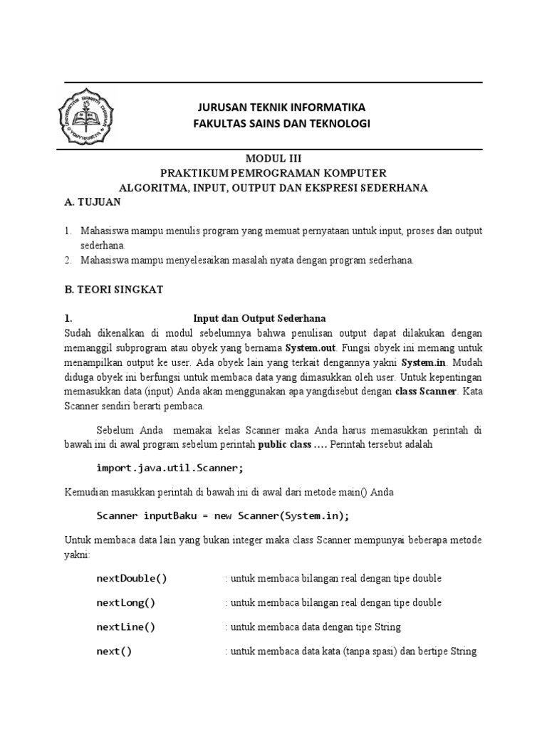 Praktikum Modul III Input, Ekspresi Dan Output Sederhana (Pertemuan 1 Dan 2) | PDF