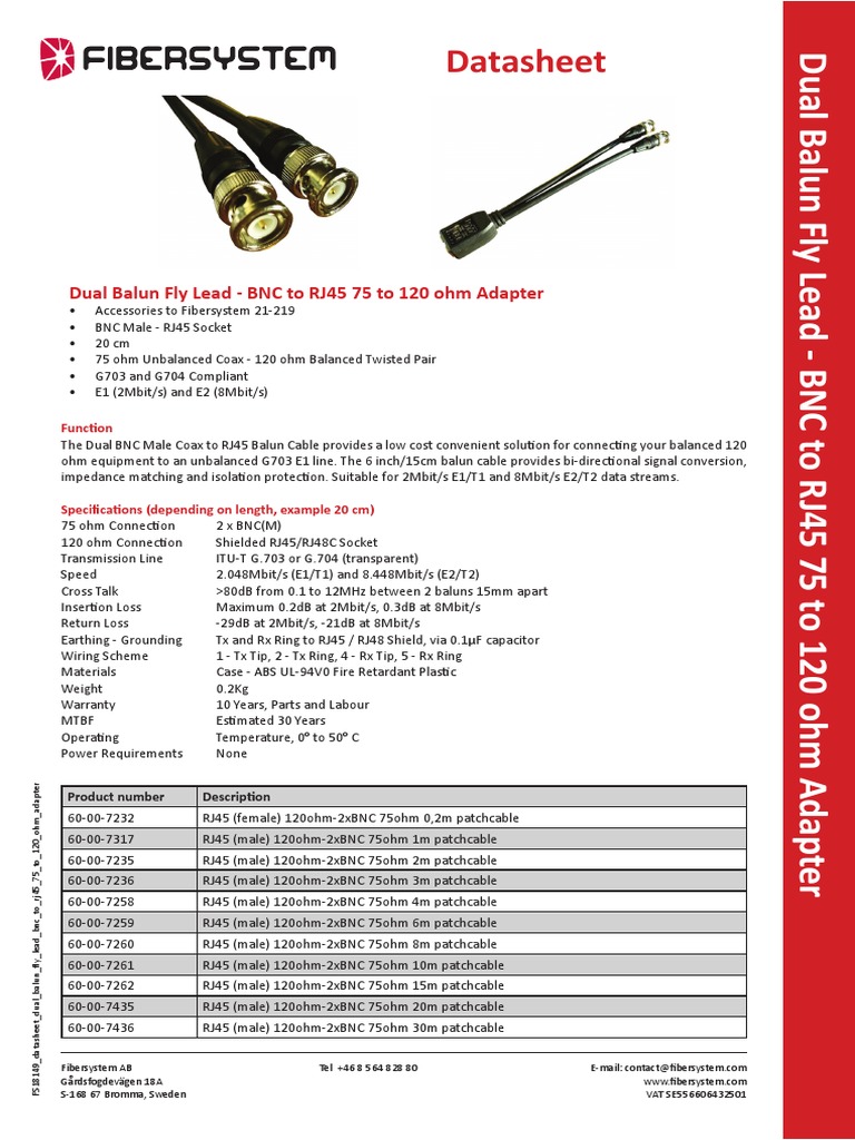 Datasheet: Dual Balun Fly Lead - BNC To RJ45 75 To 120 Ohm Adapter ...