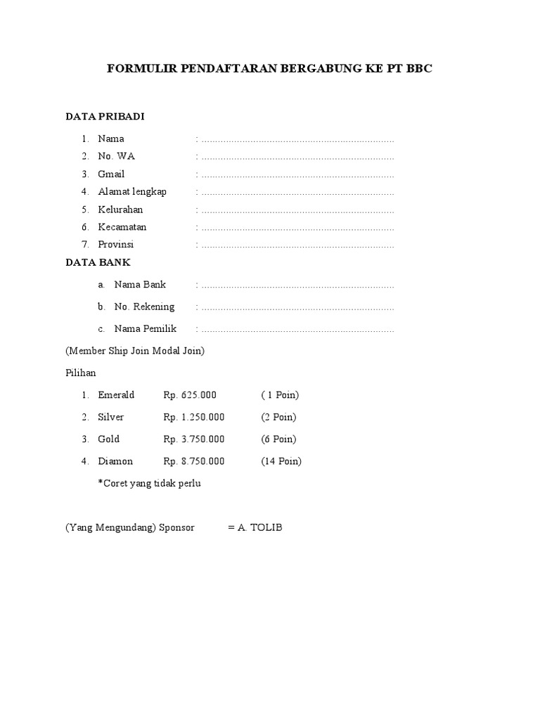 Formulir Pendaftaran Bergabung Ke PT BBC | PDF