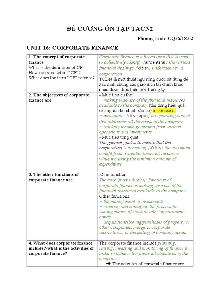 Đề Cương Ôn Tập Tacn2: Unit 16: Corporate Finance | PDF | Securities (Finance) | Financial Capital