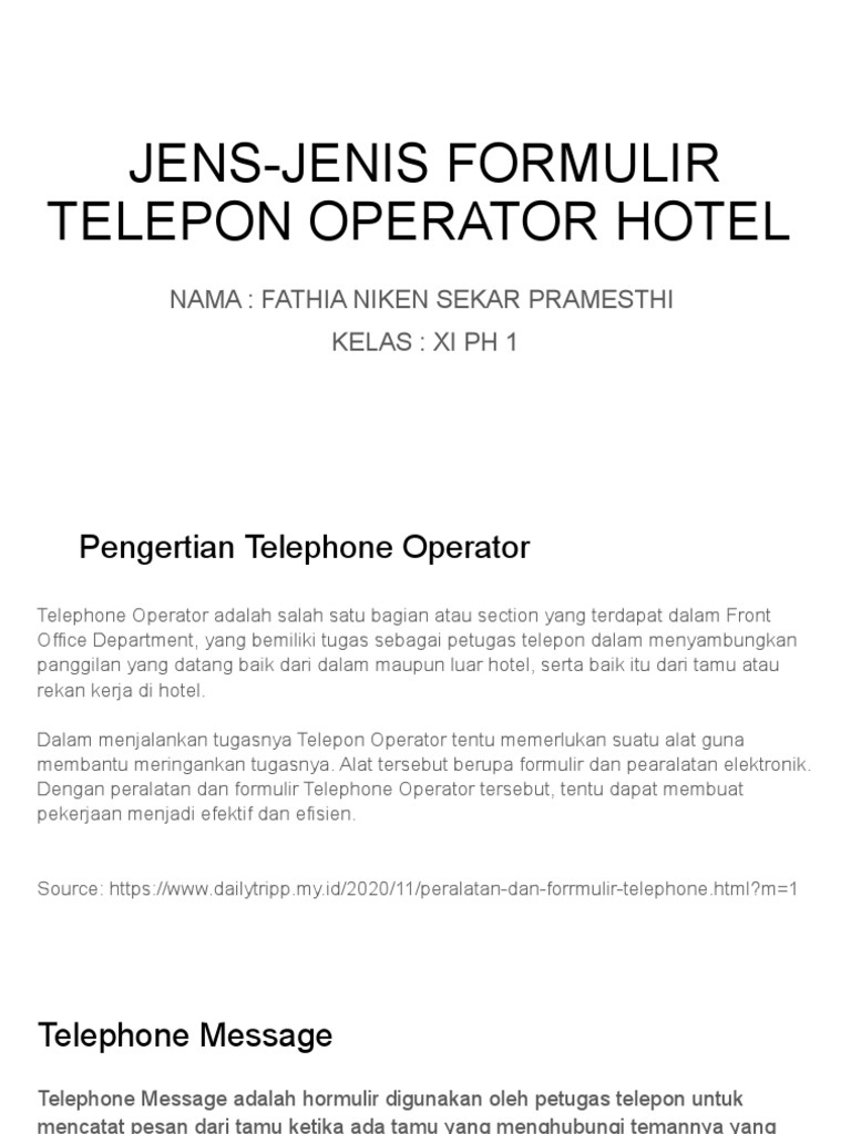 Jens-Jenis Formulir Telepon Operator Hotel | PDF